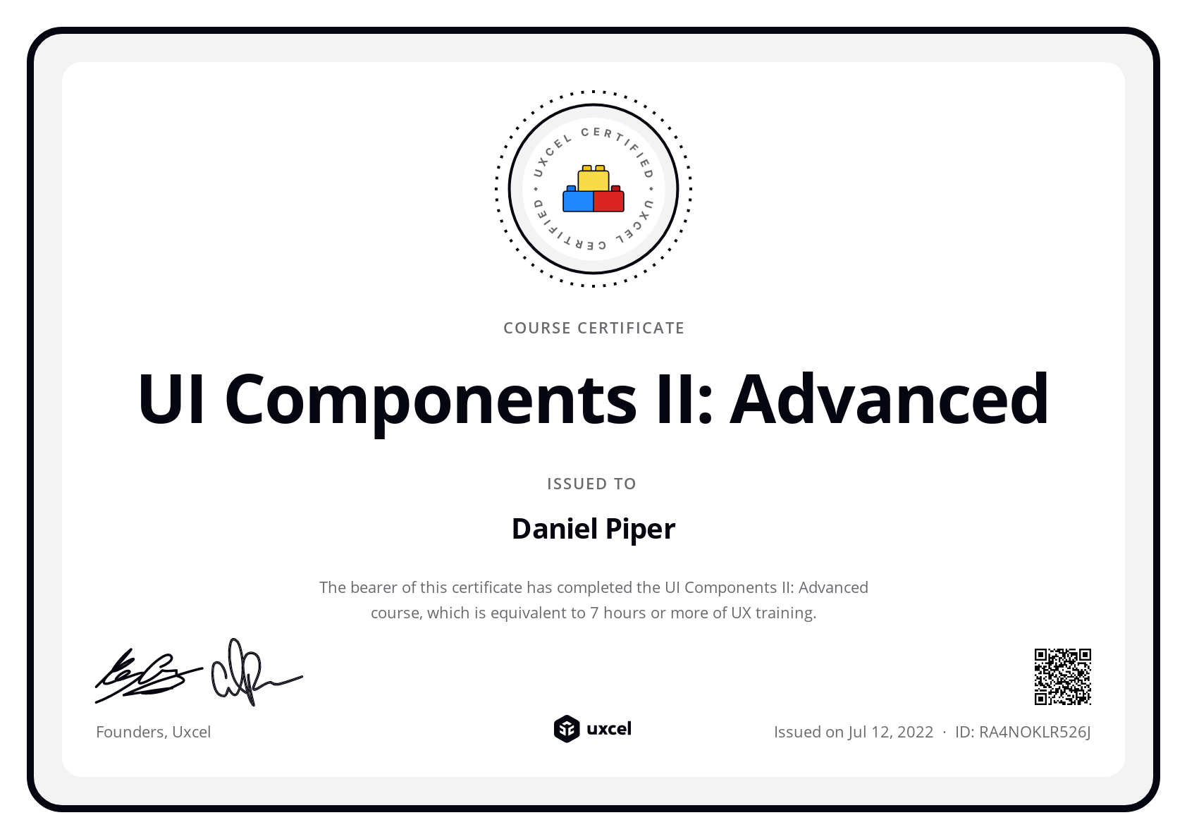 Certificate of completion for UI Components II | Uxcel